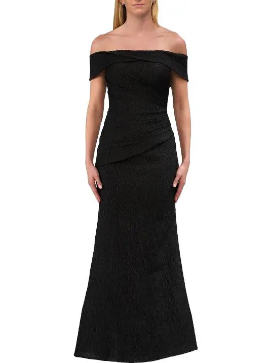 La Femme Off-the-shoulder Textured Gown - Black