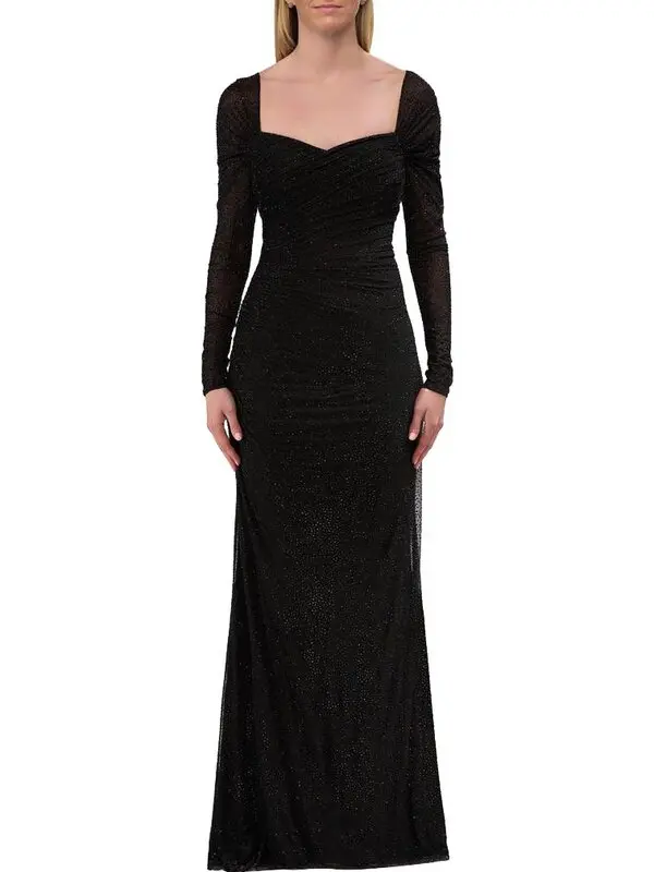 La Femme Long Sleeve Rhinestone Gown - Black