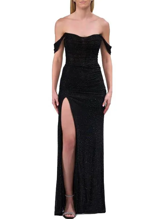 LABOMME Off-the-shoulder Rhinestone Evening Dress - Black
