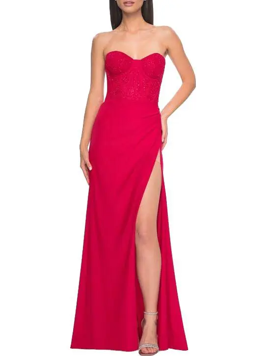 La Femme Lace Bustier Strapless Column Gown - Red