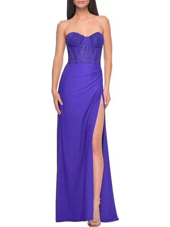 LABOMME Lace Bustier Strapless Column Gown - Royal Blue