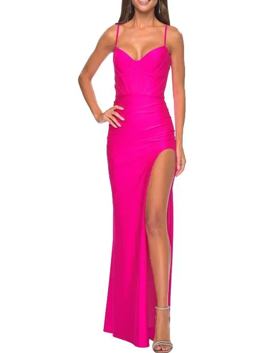 LABOMME Bustier Top Jersey Prom Dress With Lace-up Back - Hot Pink