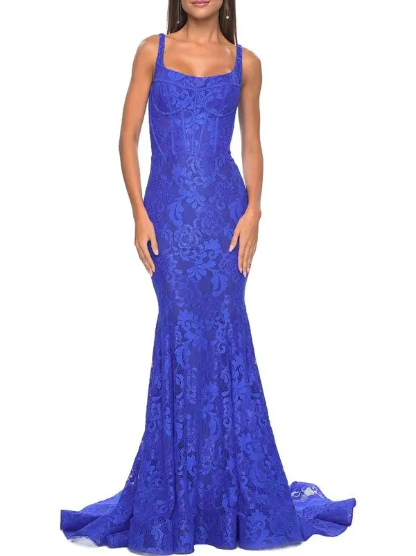 LABOMME Mermaid Stretch Lace Gown With Corset Top - Royal Blue