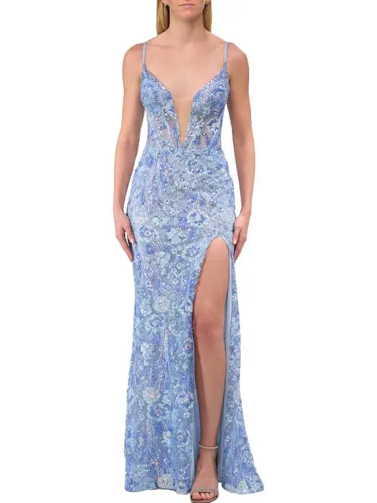 LABOMME Floral Sequin Plunge Neck Column Gown - Cloud Blue