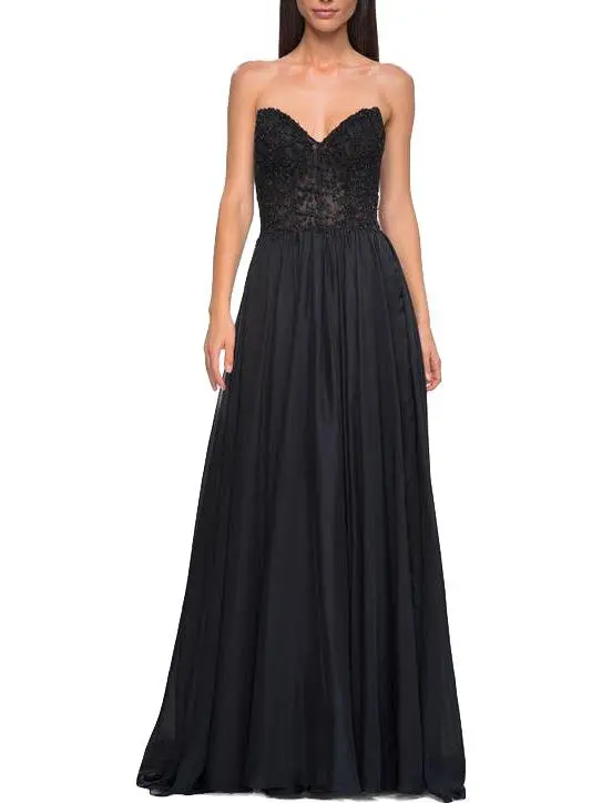 La Femme Chiffon Gown With Lace Top - Black