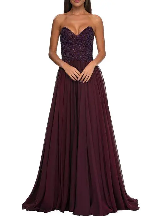 La Femme Chiffon Gown With Lace Top - Garnet