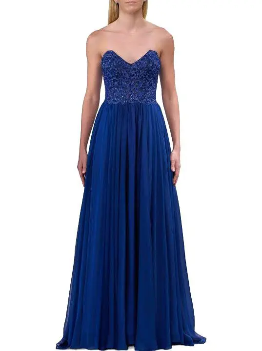LABOMME Chiffon Gown With Lace Top - Marine Blue
