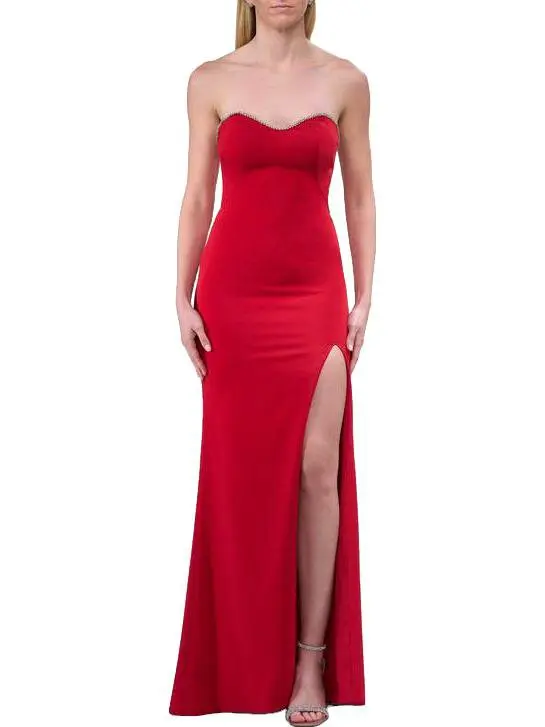 La Femme Fitted Jersey Gown With Rhinestone Neckline - Red