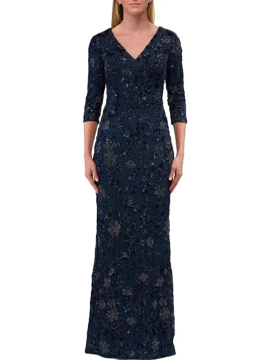 LABOMME Beaded Stretch Net Jersey Gown - Navy
