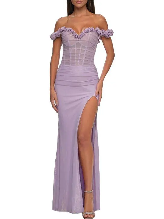 LABOMME Off-the-shoulder Rosette Prom Gown - Lavender