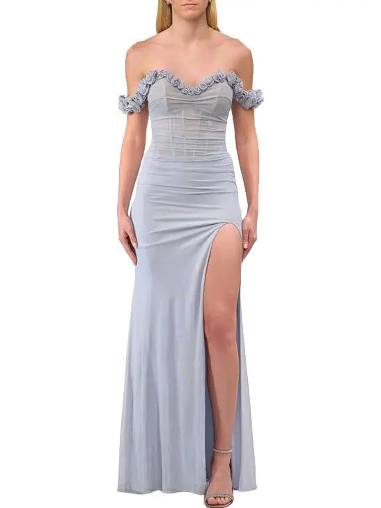 LABOMME Off-the-shoulder Rosette Prom Gown - Light Blue