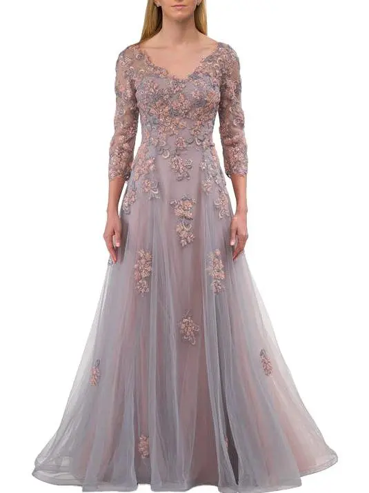 La Femme A-line Tulle Gown With Beaded Lace Applique - Pink/silver