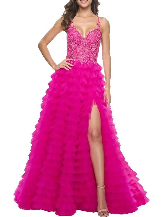 LABOMME Tulle Prom Gown With Lace Bodice And Slit - Hot Fuchsia
