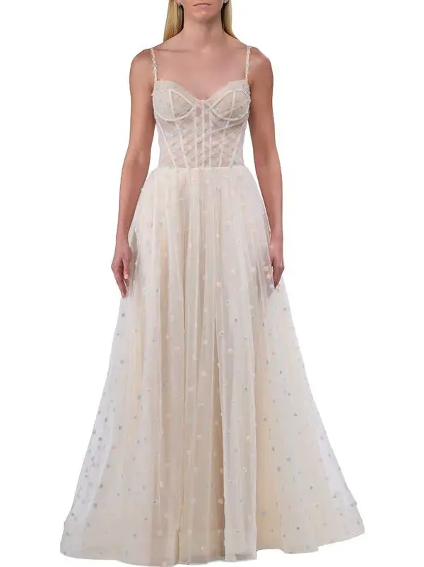 La Femme Polka Dot Tulle Prom Dress With Corset Top - Cream