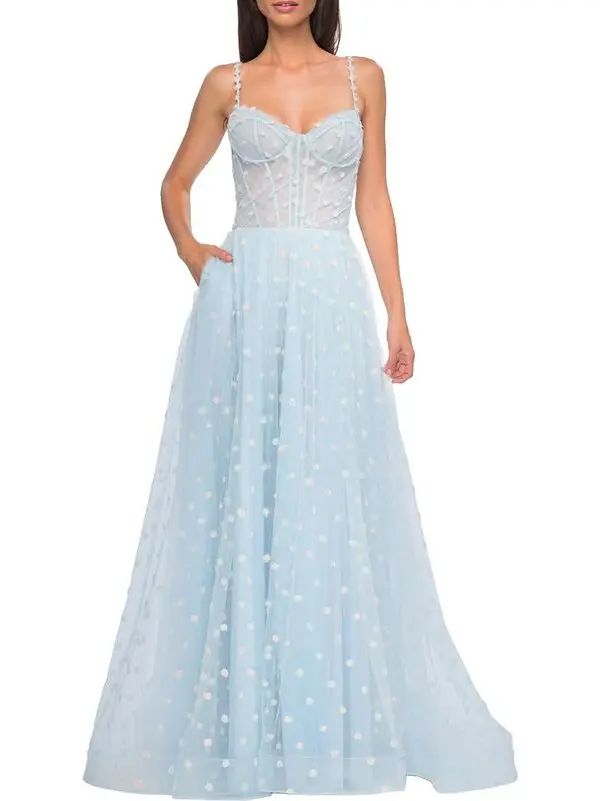 LABOMME Polka Dot Tulle Prom Dress With Corset Top - Light Blue