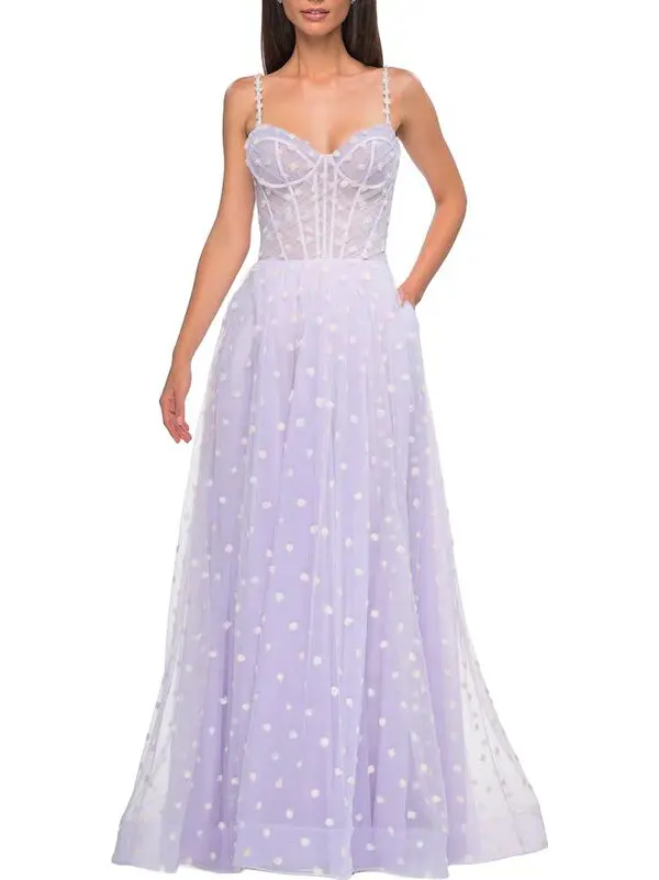 LABOMME Polka Dot Tulle Prom Dress With Corset Top - Light Periwinkle