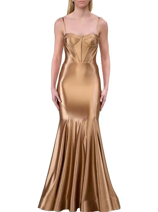 LABOMME Stretch Satin Corset Gown - Bronze