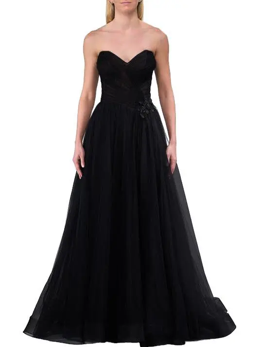 LABOMME Strapless A-line Tulle Gown With Floral Detail - Black