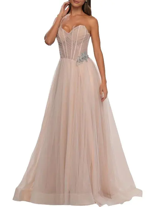 LABOMME Strapless A-line Tulle Gown With Floral Detail - Blush