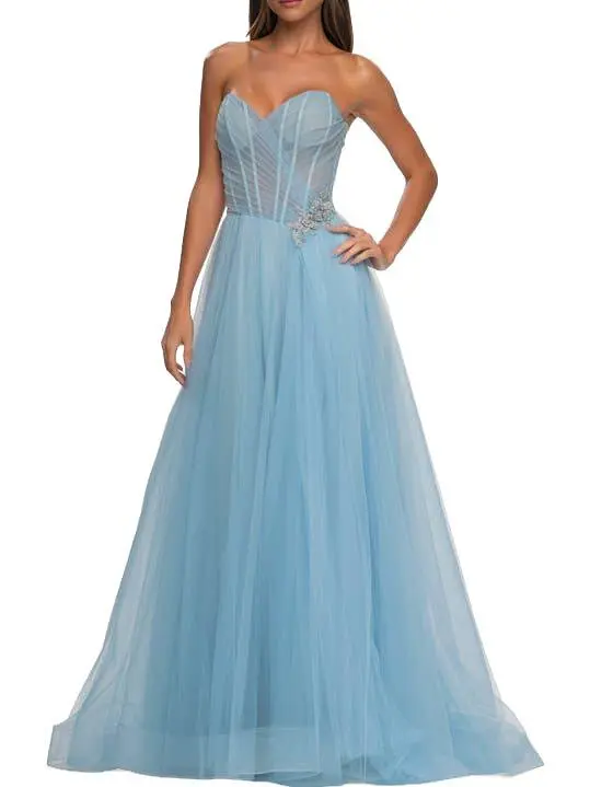 LABOMME Strapless A-line Tulle Gown With Floral Detail - Cloud Blue