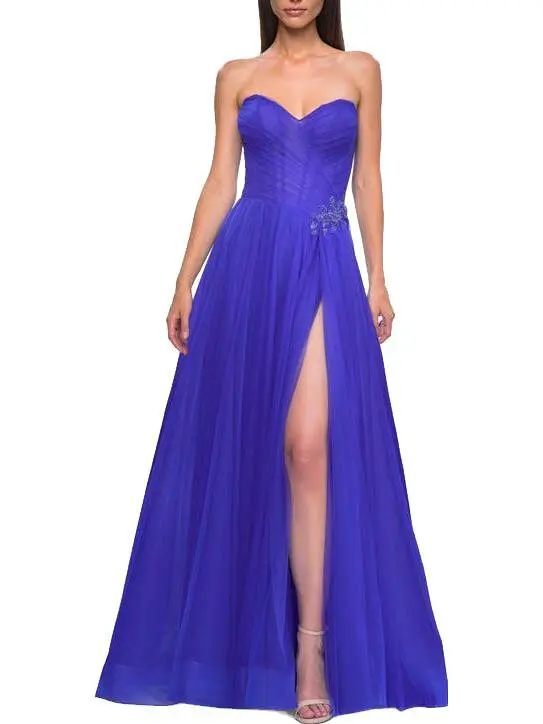 LABOMME Strapless A-line Tulle Gown With Floral Detail - Royal Blue