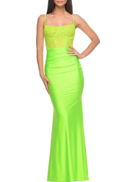 LABOMME Ruched Jersey Dress With Illusion Corset Lace Top - Bright Green