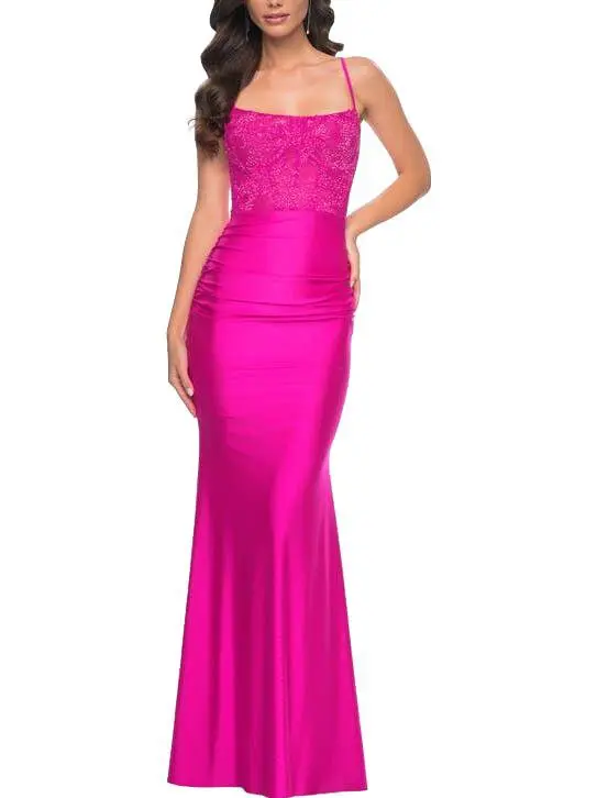LABOMME Ruched Jersey Dress With Illusion Corset Lace Top - Hot Fuchsia