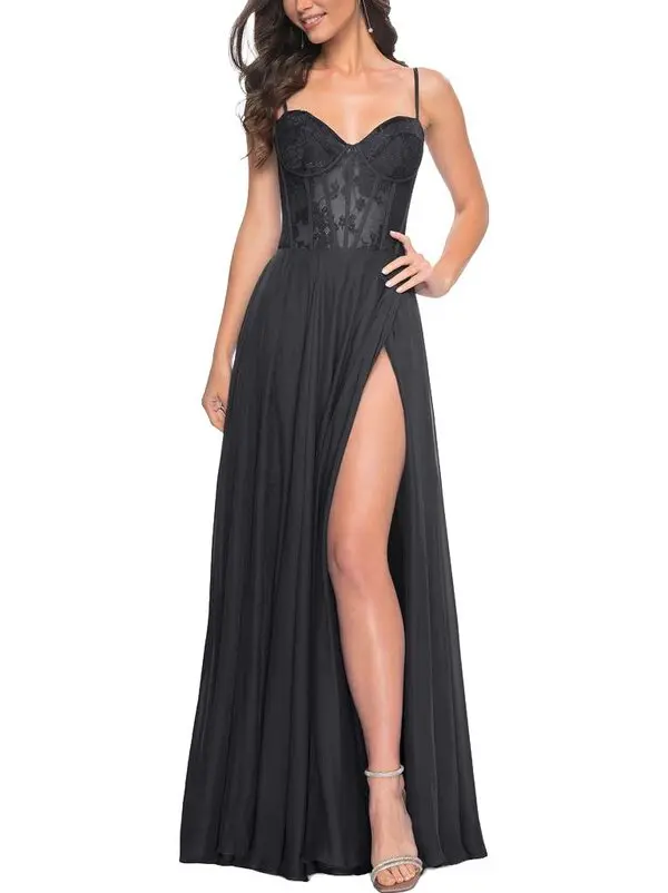 LABOMME Chiffon And Lace Gown With Bustier Top - Black