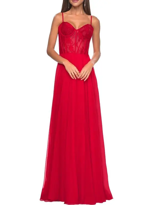LABOMME Chiffon And Lace Gown With Bustier Top - Red