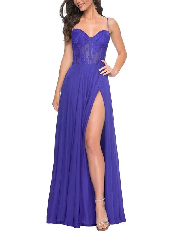 LABOMME Chiffon And Lace Gown With Bustier Top - Royal Blue