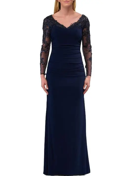 LABOMME Elegant Evening Jersey Dress With Illusion Lace Sleeves - Navy