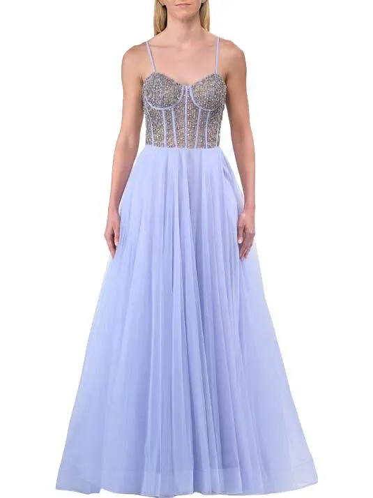 La Femme Rhinestone Embellished Corset A-line Tulle Gown - Light Periwinkle
