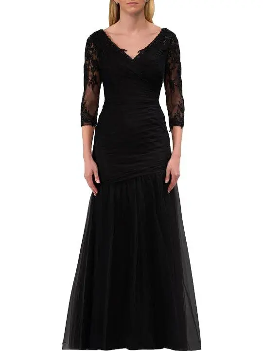 LABOMME Tulle Evening Gown With Lace Sleeves - Black