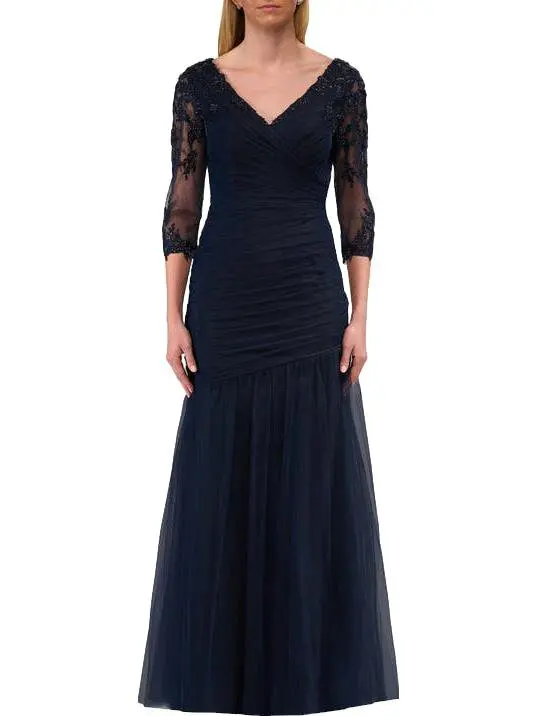 LABOMME Tulle Evening Gown With Lace Sleeves - Navy