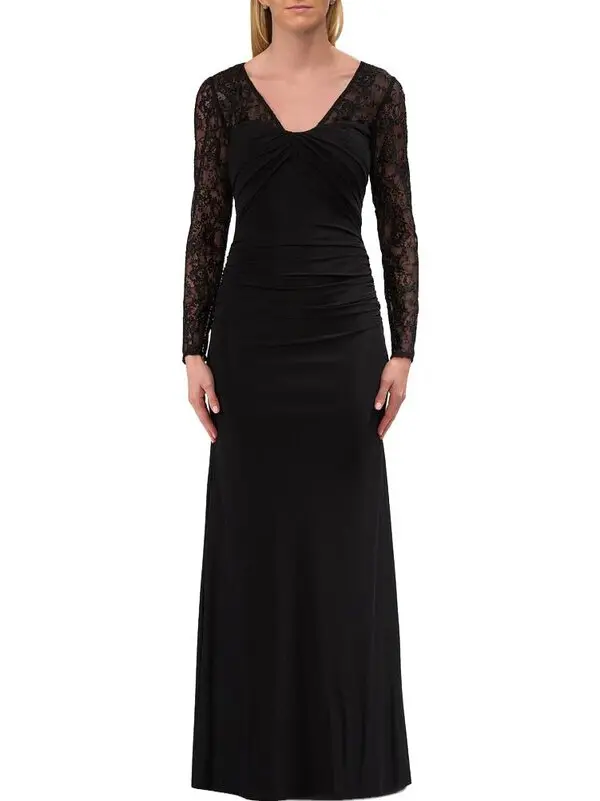 La Femme Long Sleeve Evening Gown With Ruching And Lace - Black