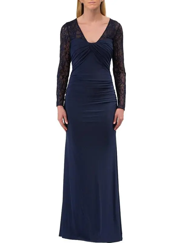 La Femme Long Sleeve Evening Gown With Ruching And Lace - Navy