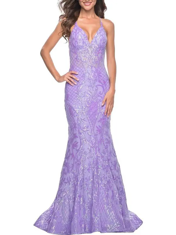 La Femme Sequin Mermaid Gown With Open Tie Back - Lavender