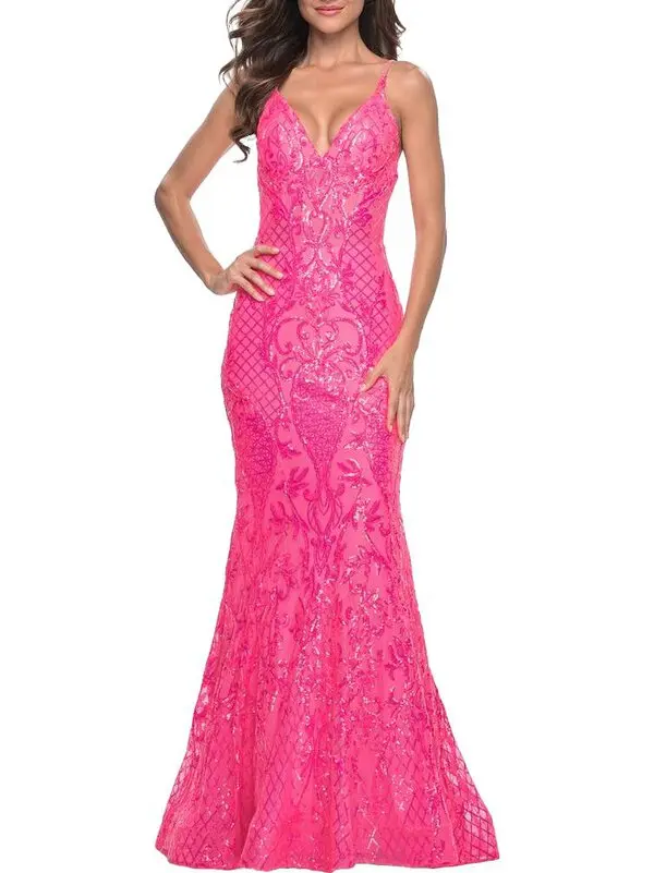 LABOMME Sequin Mermaid Gown With Open Tie Back - Neon Pink