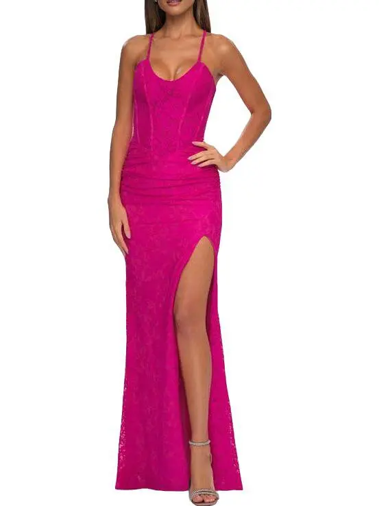 LABOMME Lace Column Gown With Lace-up Back - Hot Fuchsia