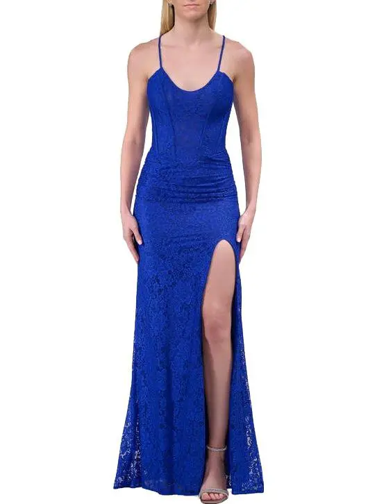 LABOMME Lace Column Gown With Lace-up Back - Royal Blue