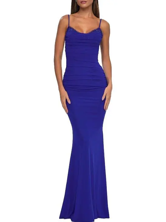 LABOMME Net Jersey Prom Dress With Lace Neckline - Royal Blue