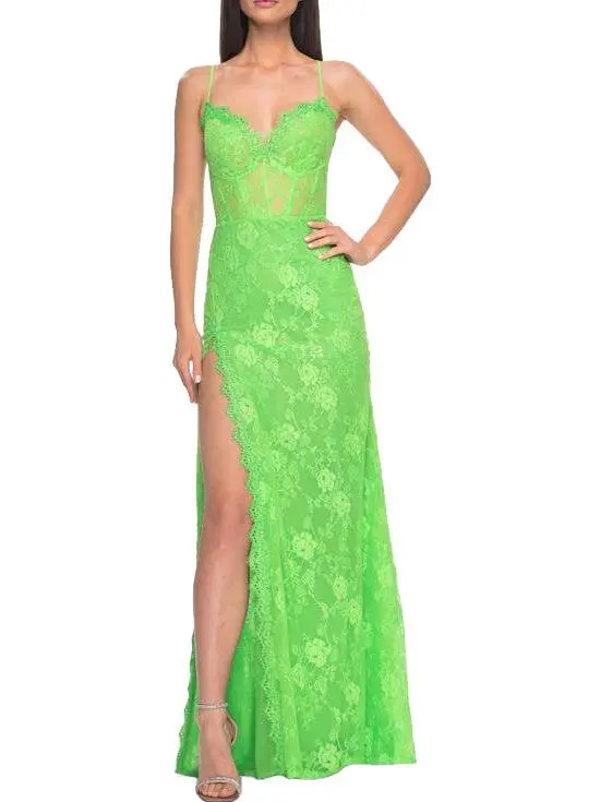 LABOMME Lace Fitted Prom Gown With Illusion Bodice - Bright Green