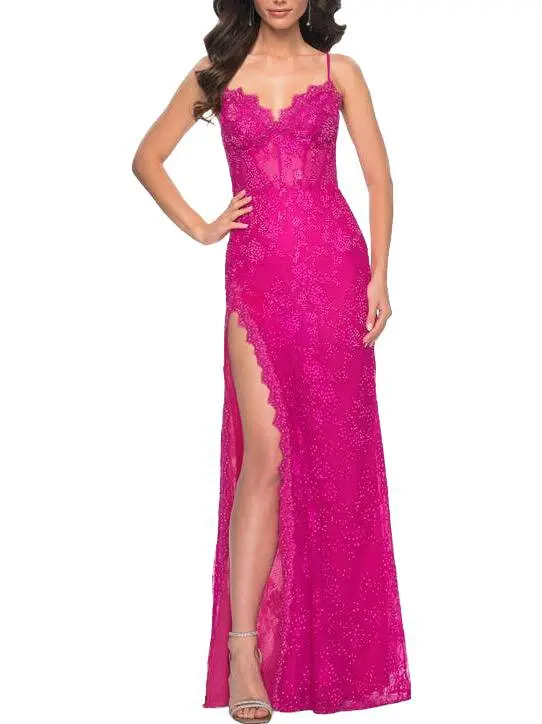 LABOMME Lace Fitted Prom Gown With Illusion Bodice - Hot Fuchsia