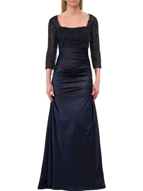 LABOMME Beaded Bodice Satin Gown With Three-quarter Sleeves - Navy