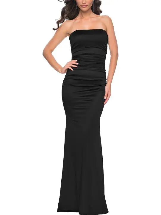 LABOMME Strapless Stretch Satin Gown With Ruching - Black
