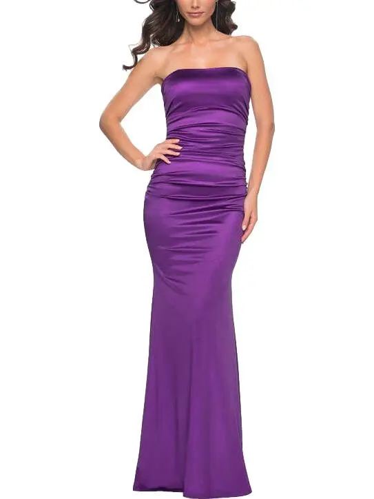 LABOMME Strapless Stretch Satin Gown With Ruching - Royal Purple
