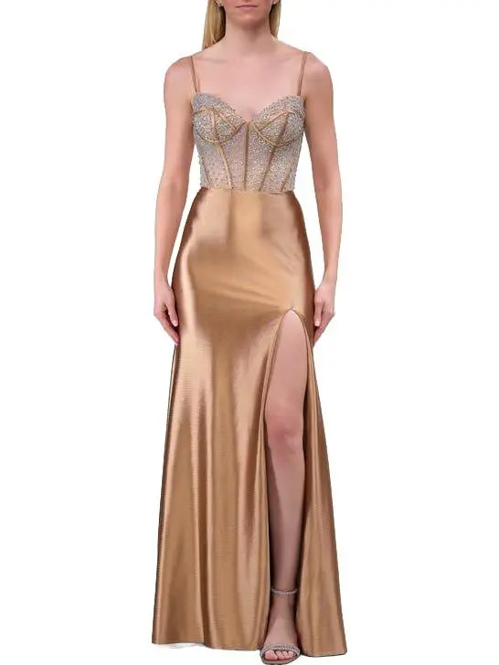 LABOMME Rhinestone Corset Gown With Slit - Bronze