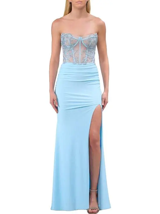 LABOMME Strapless Column Gown With Lace Bodice - Cloud Blue