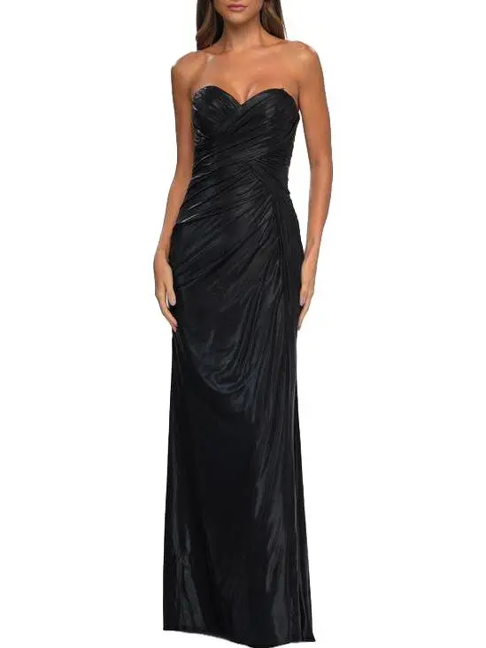 La Femme Metallic Jersey Sweetheart Gown - Black