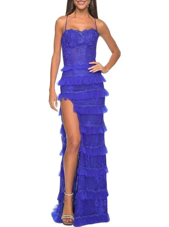 LABOMME Fitted Ruffle Skirt Lace Dress - Royal Blue